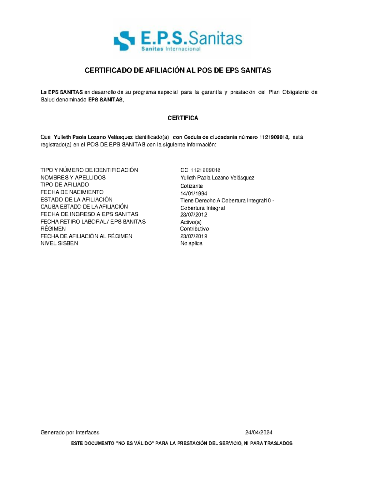 Certificacion EPS - CERTIFICADO DE AFILIACIÓN AL POS DE EPS SANITAS La EPS SANITAS en desarrollo ...