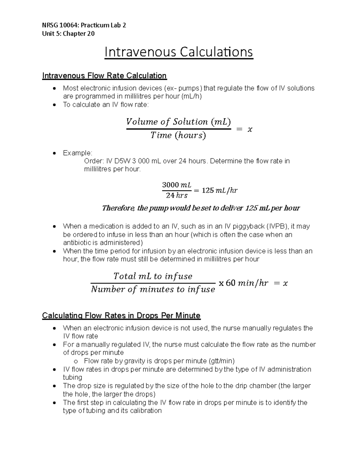 MATH TEST REVIEW: Chapter 20 - Intravenous Calculations - NRSG 10064 ...