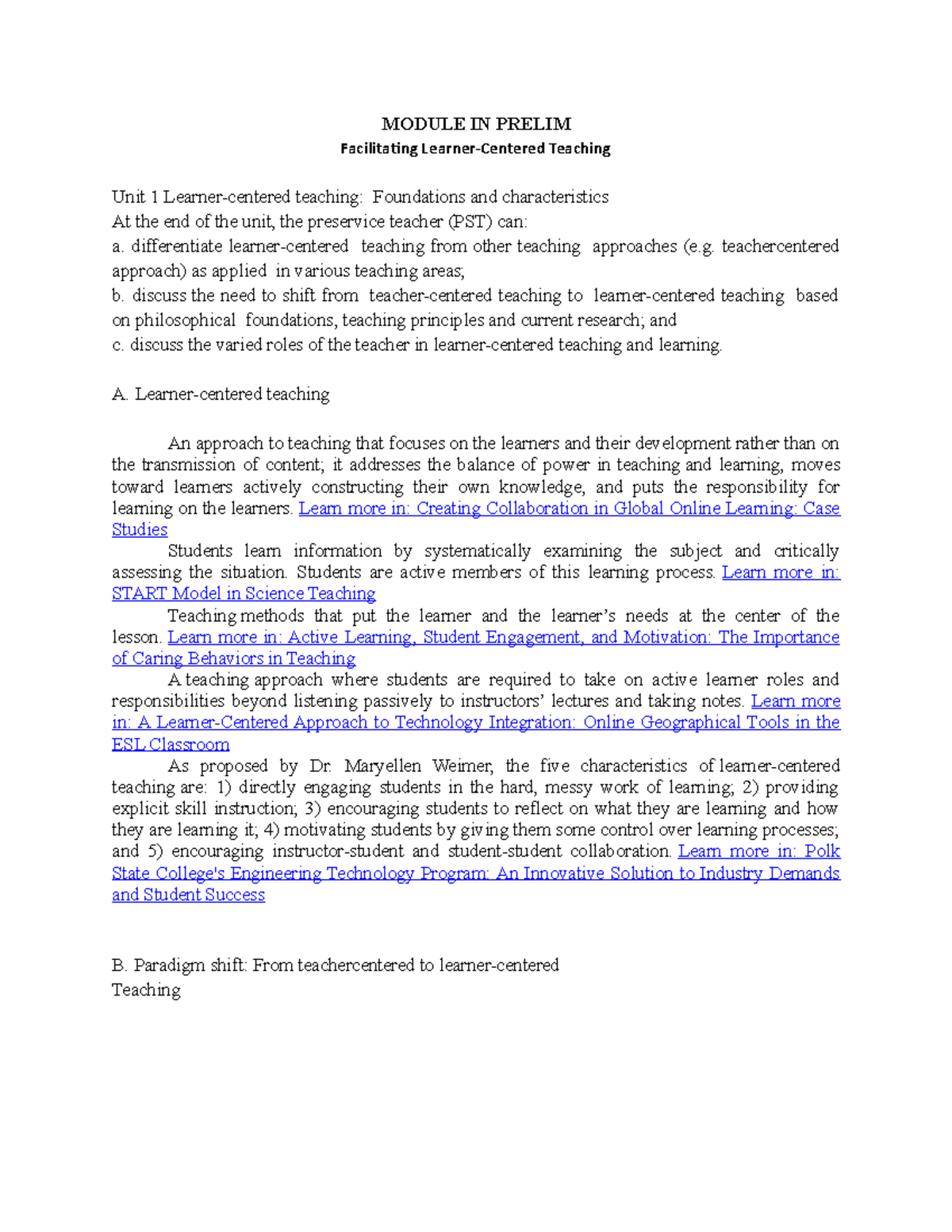 Module IN Prelim Facilitating Learner-Centered Teaching - MODULE IN ...