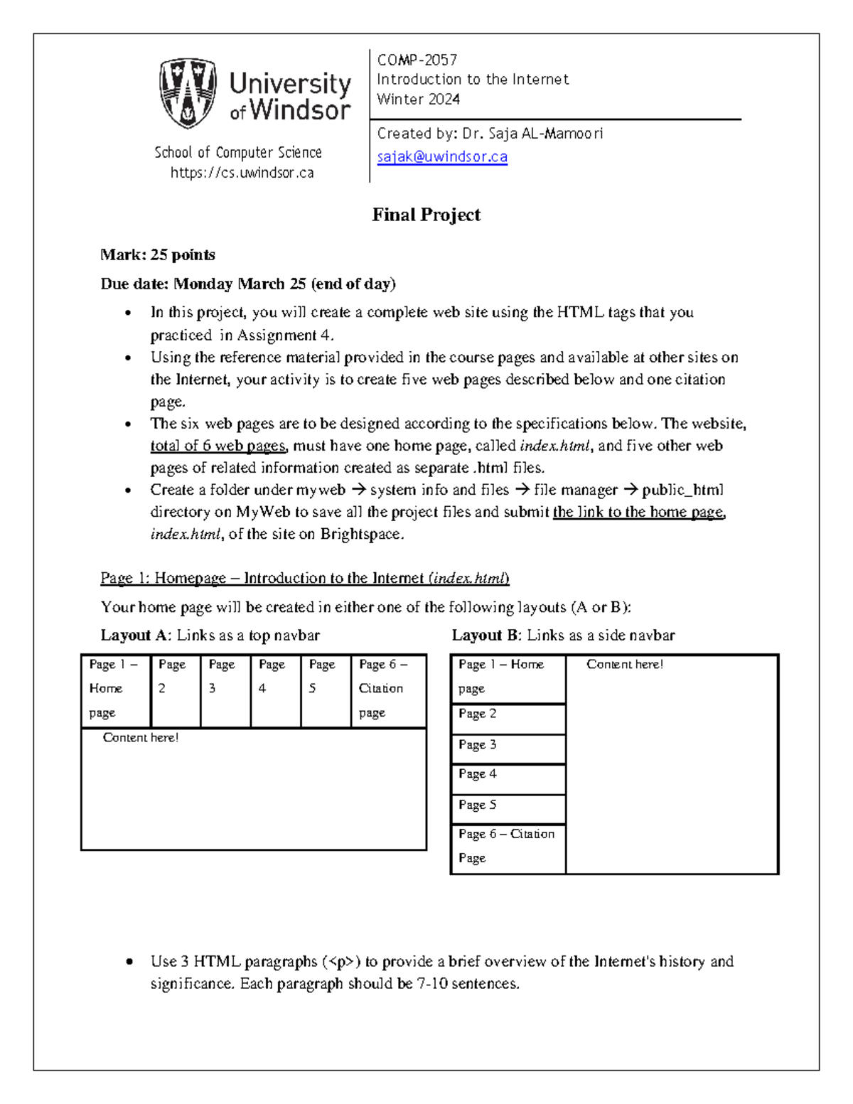 Final project - Introduction to the Internet Winter 2024 School of Computer Science cs.uwindsor ...