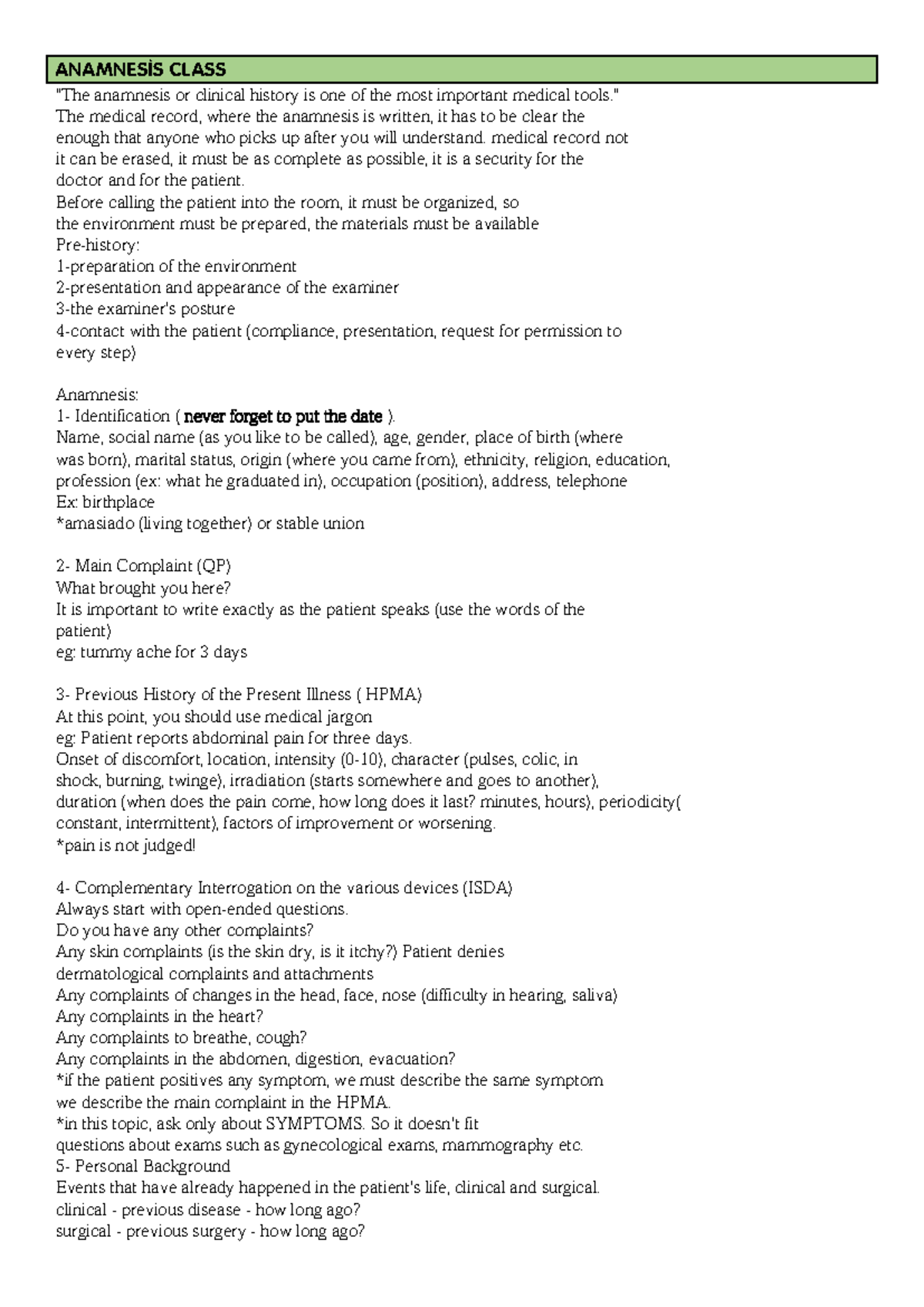 Anamnesis Class - ANAMNESIS CLASS "The anamnesis or clinical history is ...