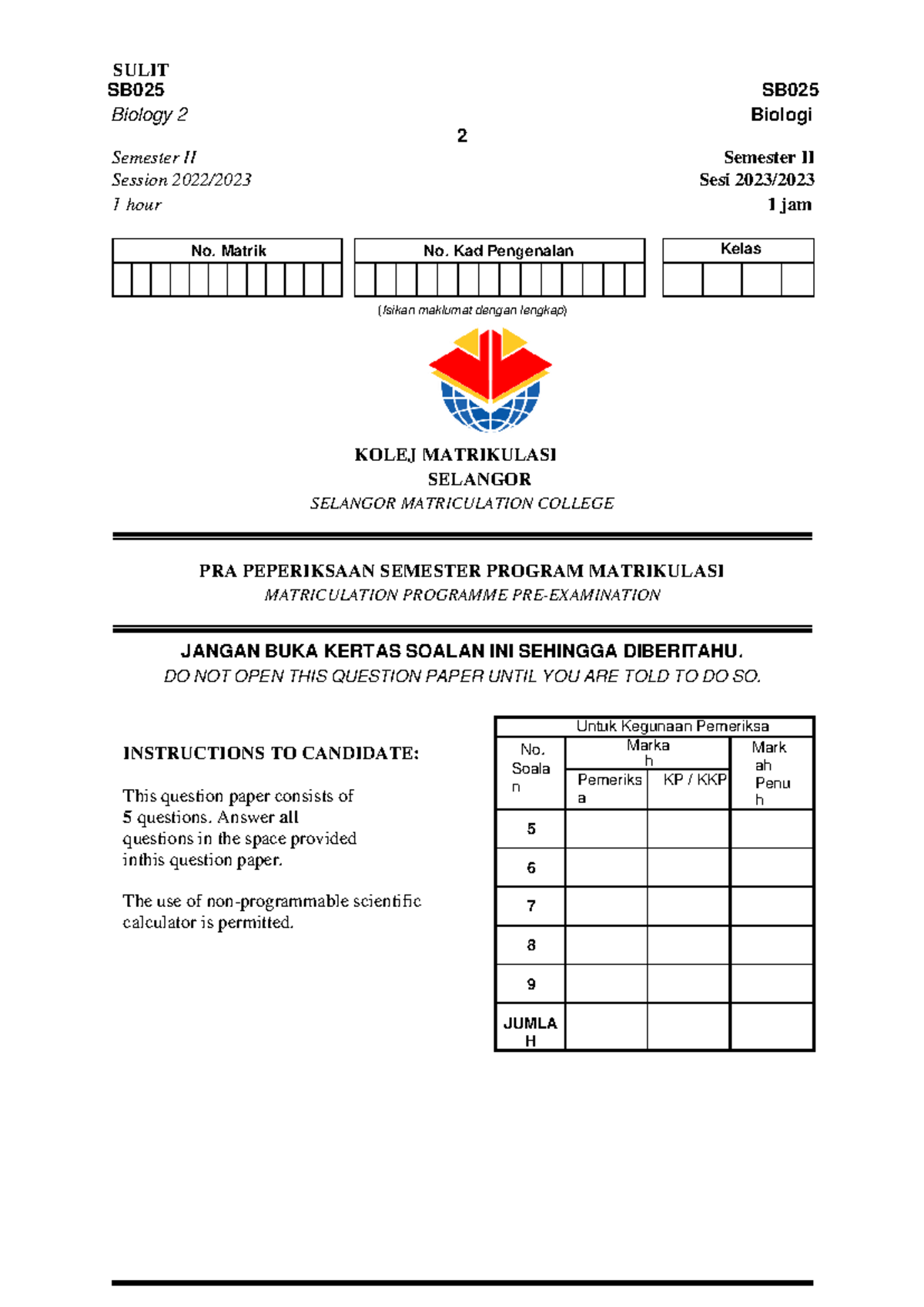 PRE PSPM SB025 KMS Answer - SULIT SB025 SB Biology 2 Biologi 2 Semester ...