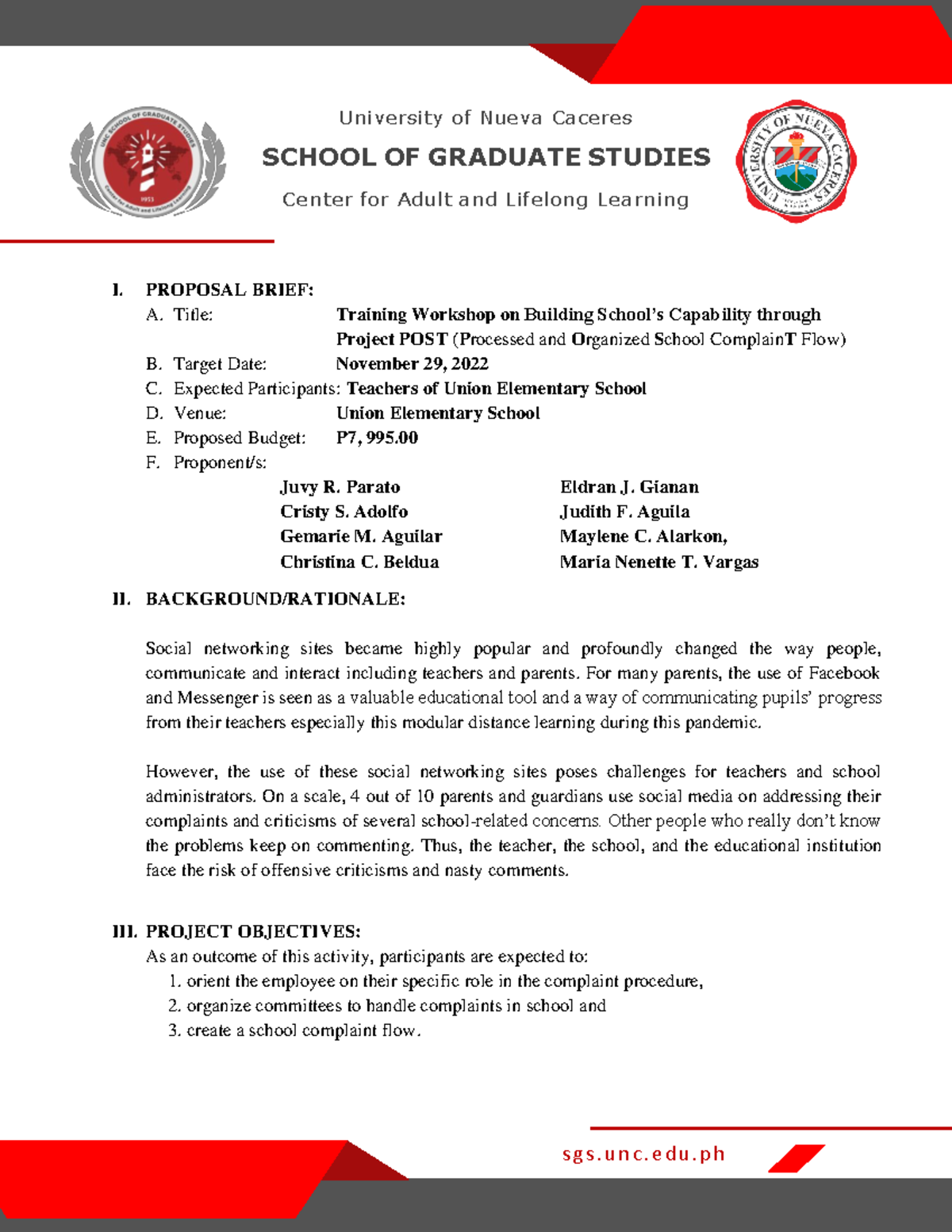 Group 2 - Project- Proposal - SCHOOL OF GRADUATE STUDIES Center for ...