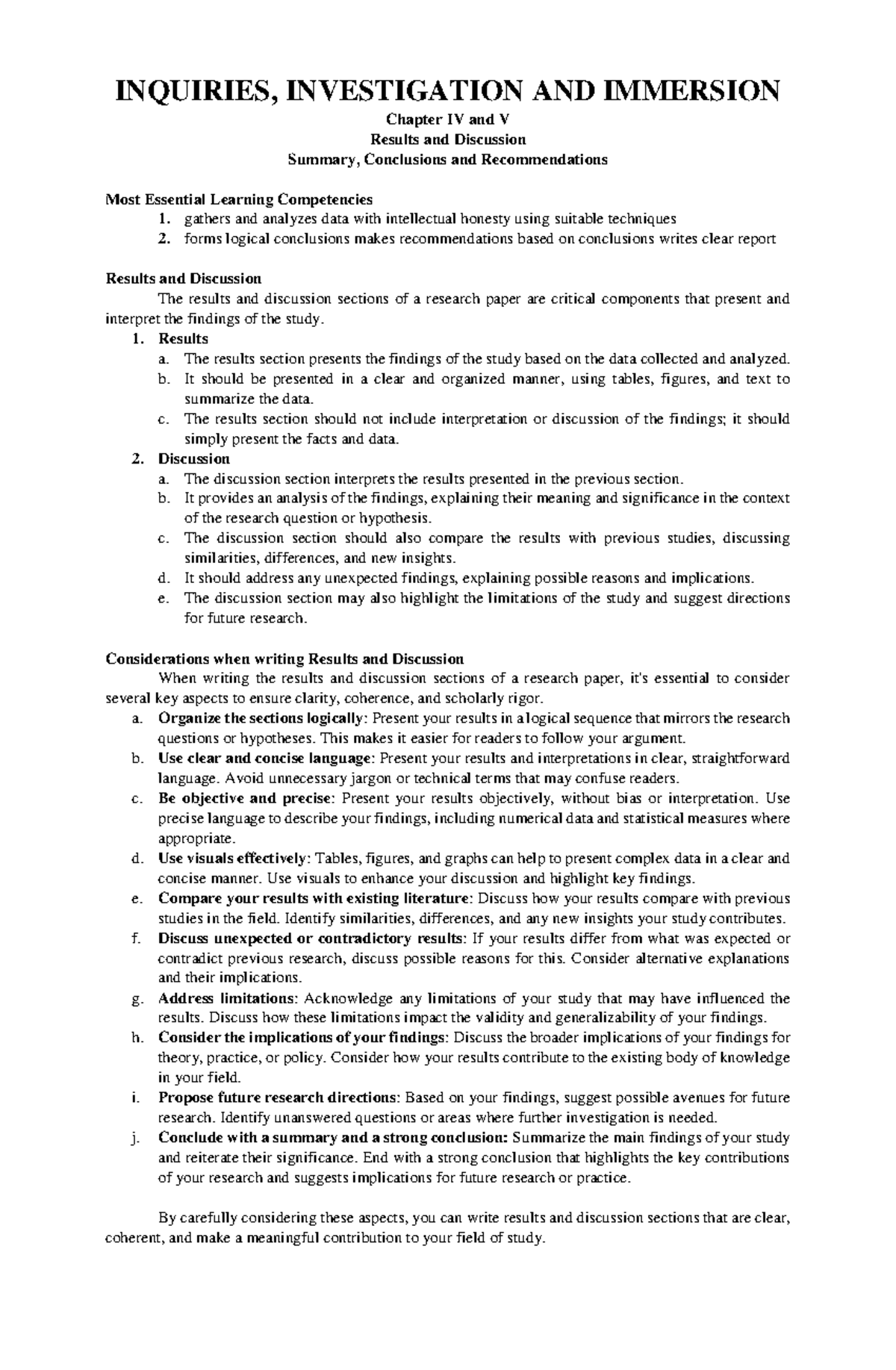 Module-Chapter-IV-and-V - INQUIRIES, INVESTIGATION AND IMMERSION Chapter IV and V Results and ...