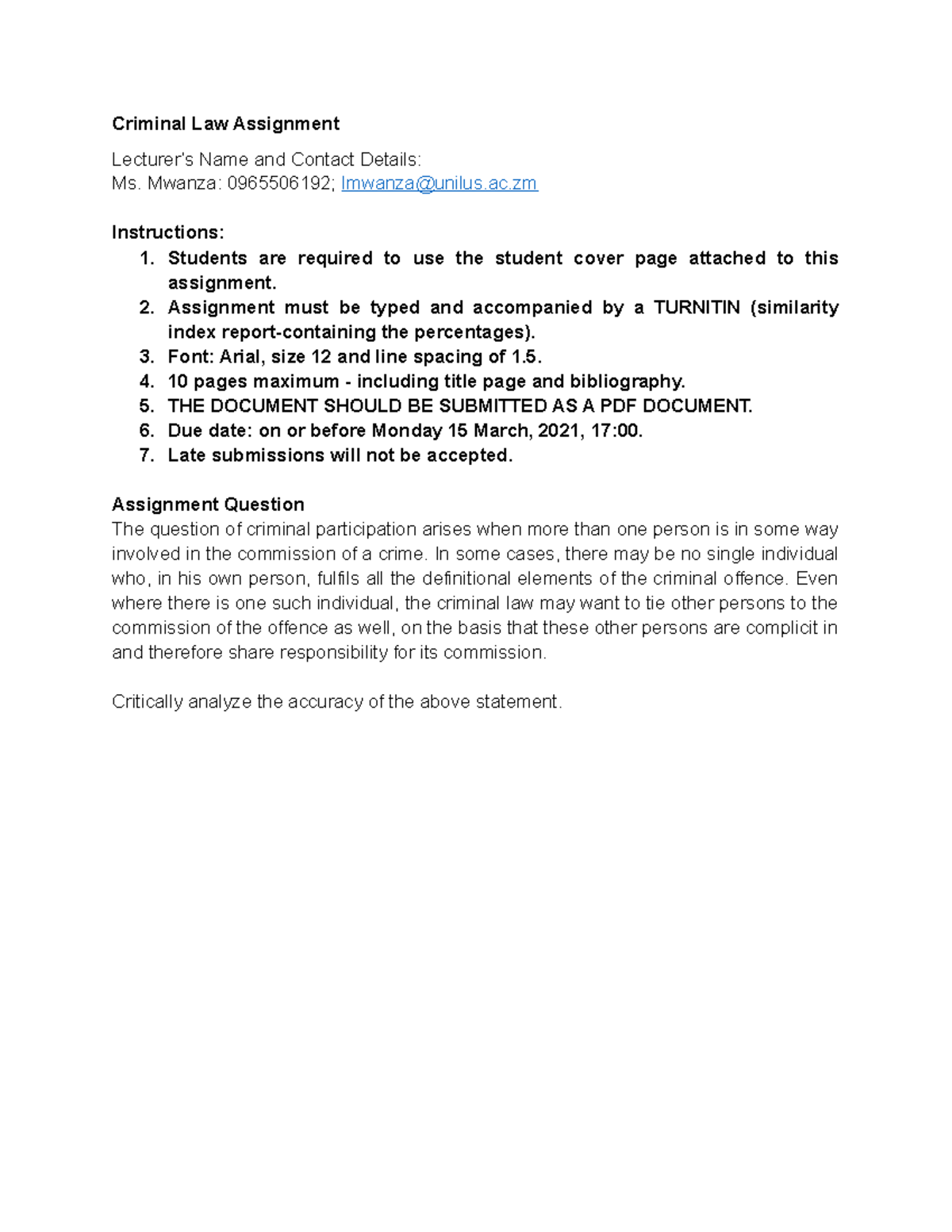 Assignment 2021.1 - Criminal Law Assignment Lecturer’s Name and Contact ...