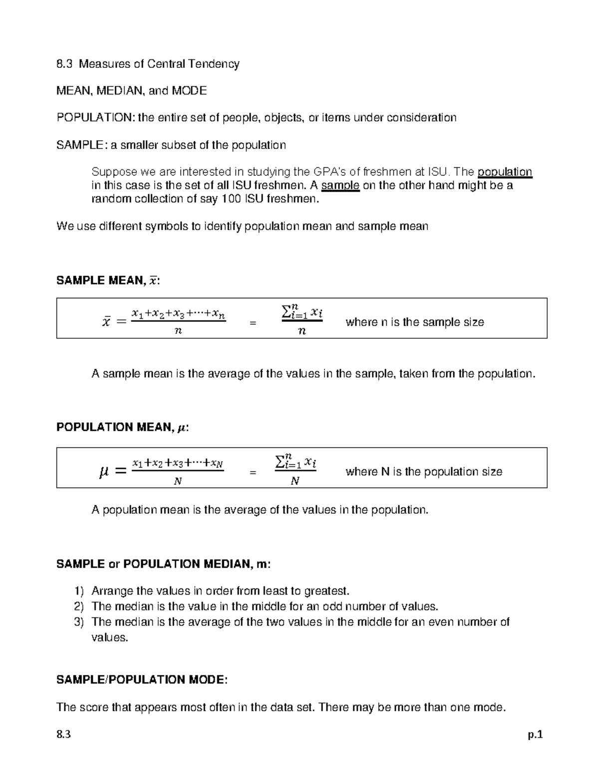 Notes 8 - Probability - 8 Measures of Central Tendency MEAN, MEDIAN ...
