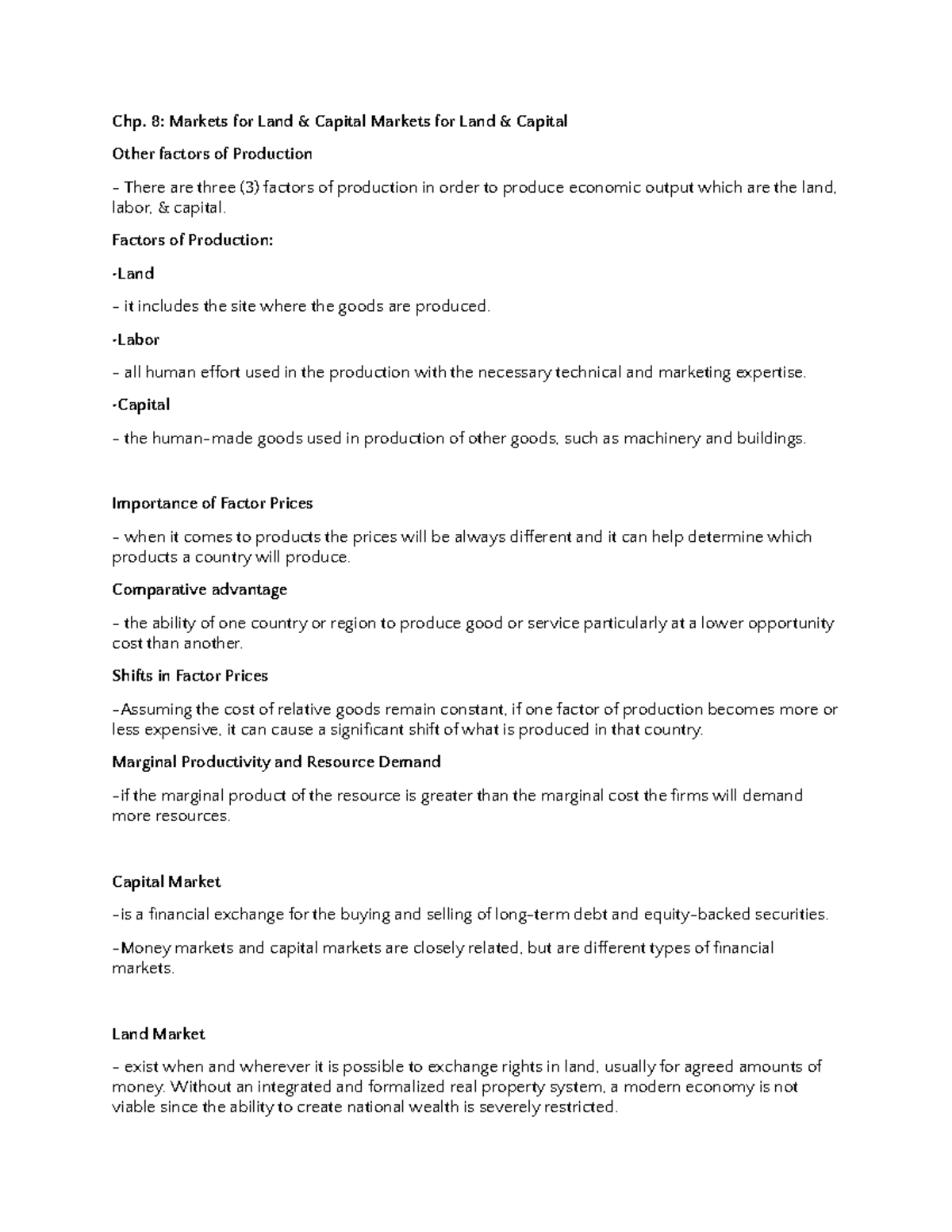 Markets for Land and Capital - Chp. 8: Markets for Land & Capital ...