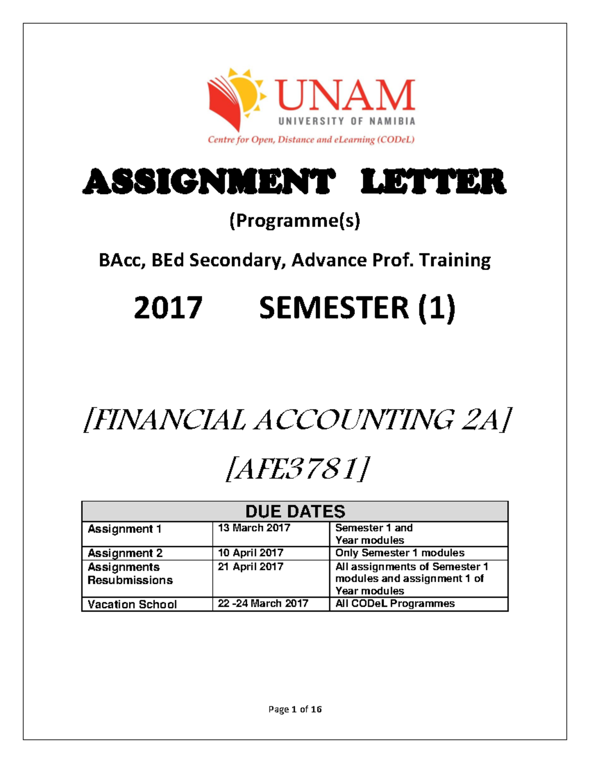 AFE3781 2017 CODe L Assignments AFE3781 Financial Accounting 2A ...