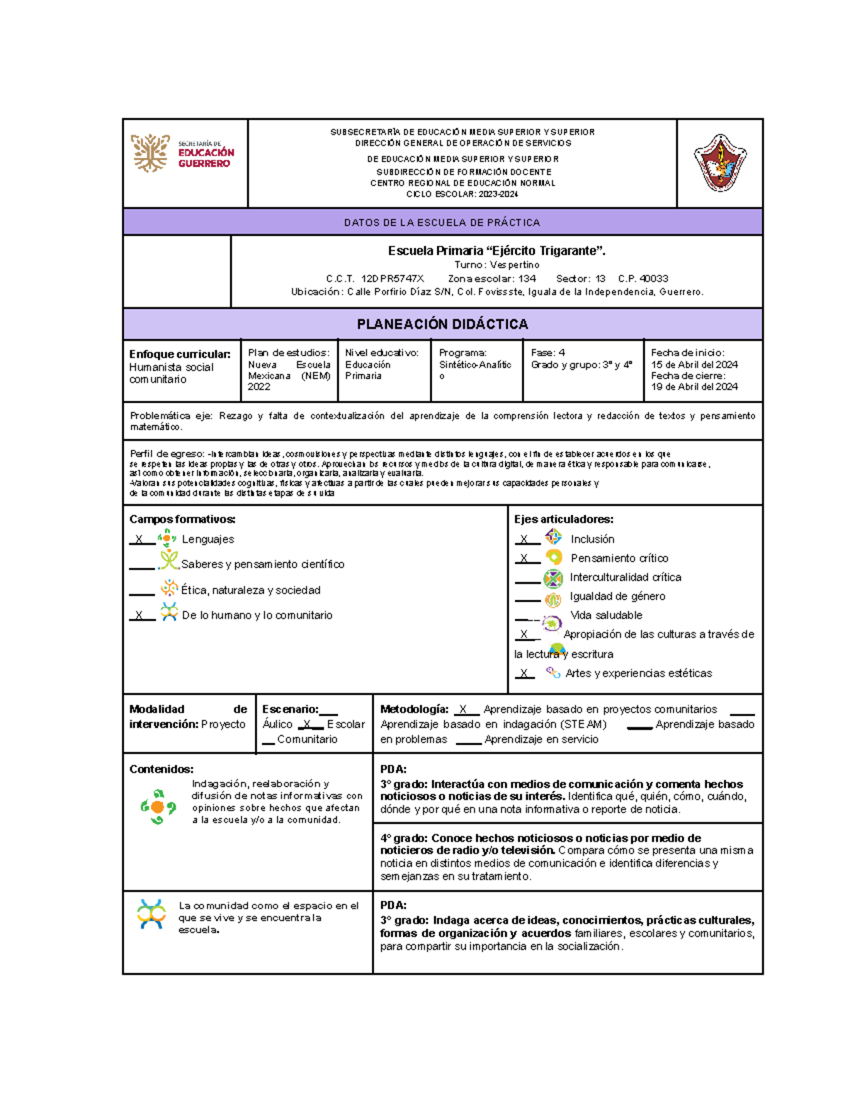 Planeación multigrado- lenguajes - ####### SUBSECRETARÍA DE EDUCACIÓN ...