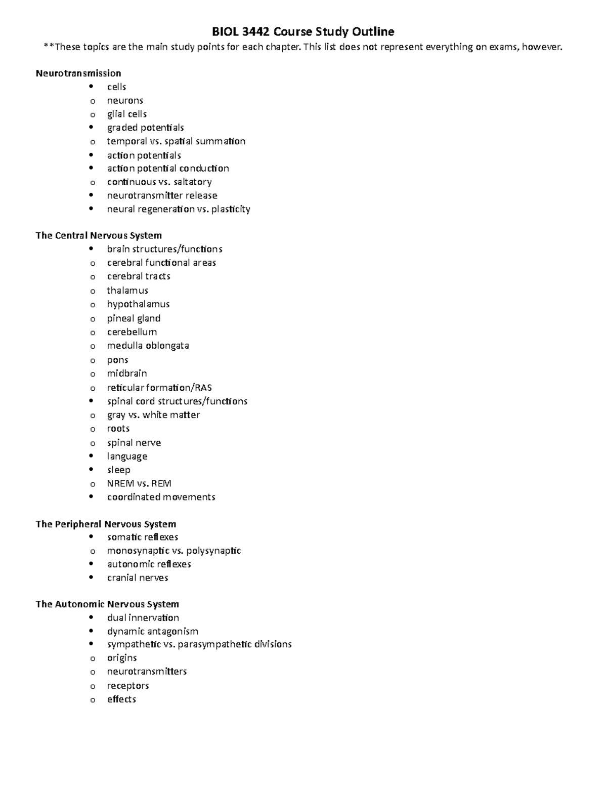 Human Phys Study Outline - BIOL 3442 Course Study Outline **These ...