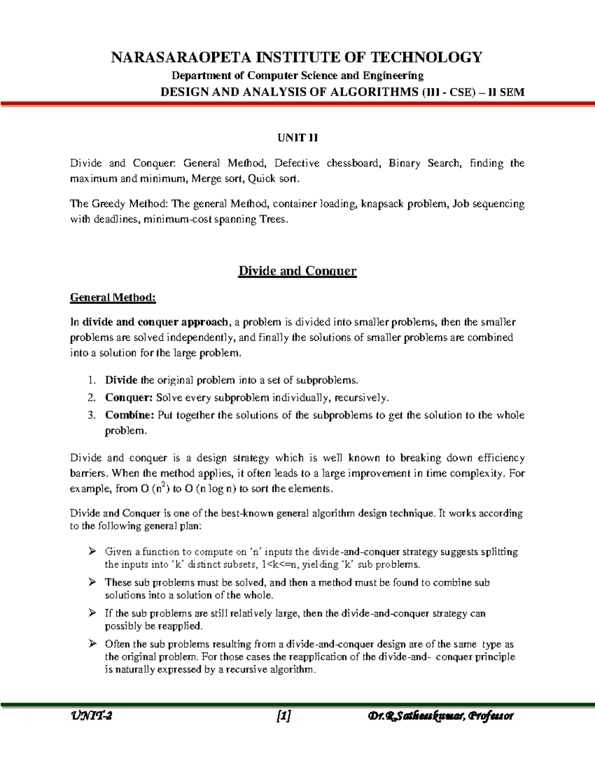 DAA UNIT-2 - For semester - Department of Computer Science and Engineering DESIGN AND ANALYSIS ...