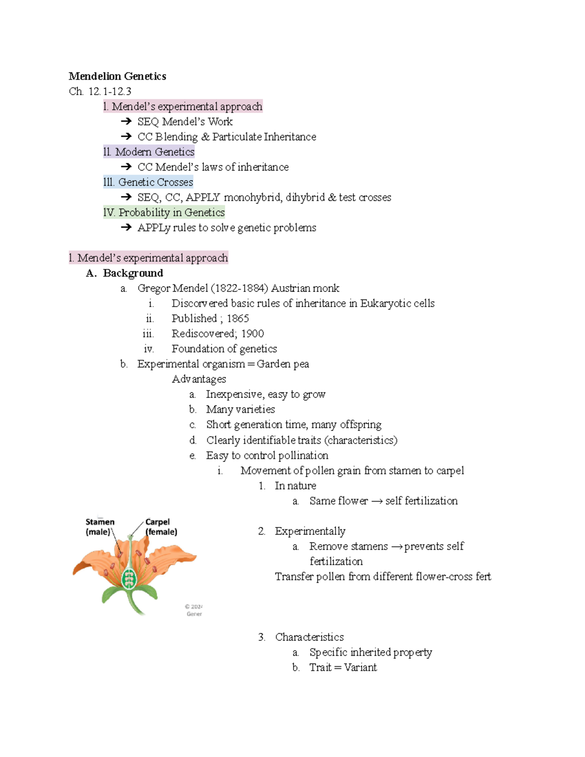 Lecture 12 Bio - Notes - Mendelion Genetics Ch. 12-12. l. Mendel’s ...