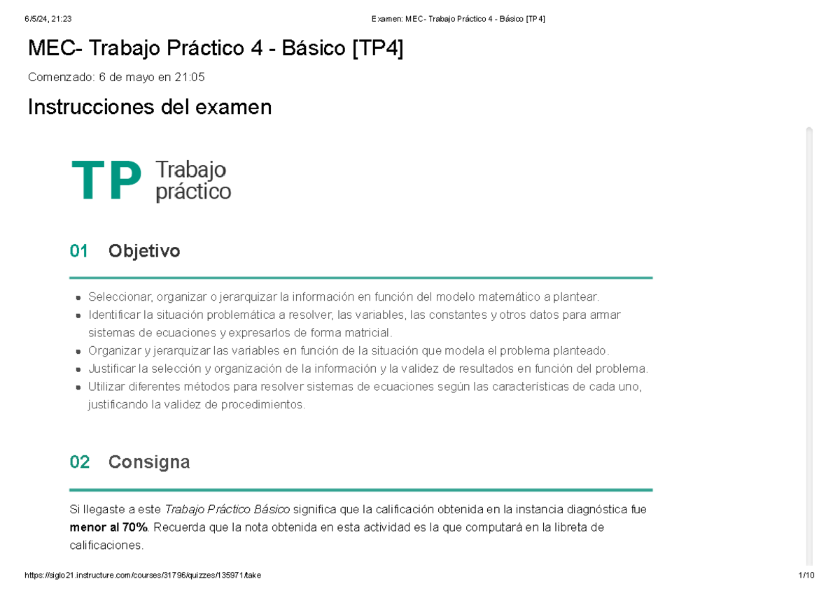 Examen MEC- Trabajo Práctico 4 - Básico [TP4] - MEC- Trabajo Práctico 4 - Básico [TP4] Comenzado ...