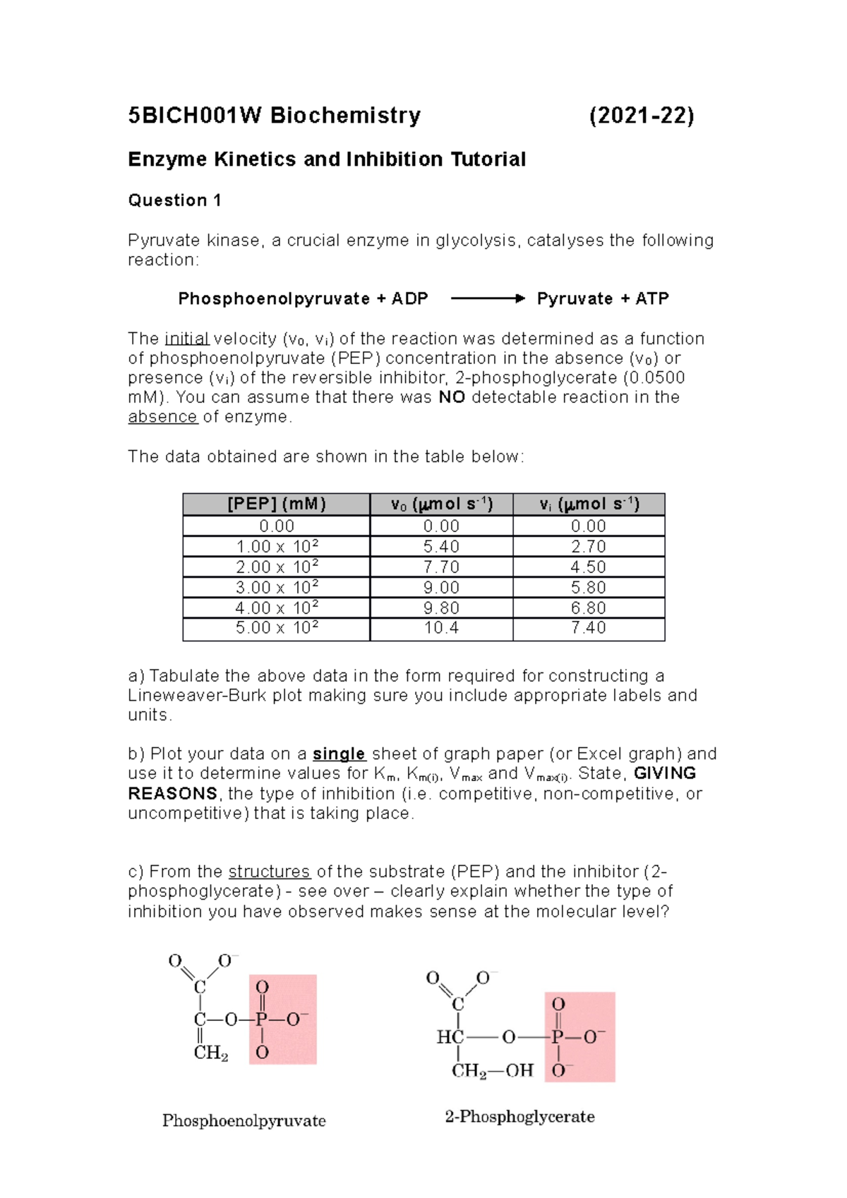 5BICH001W Enzyme Kinetics Tutorial 2021 22 - 5BICH001W Biochemistry ...