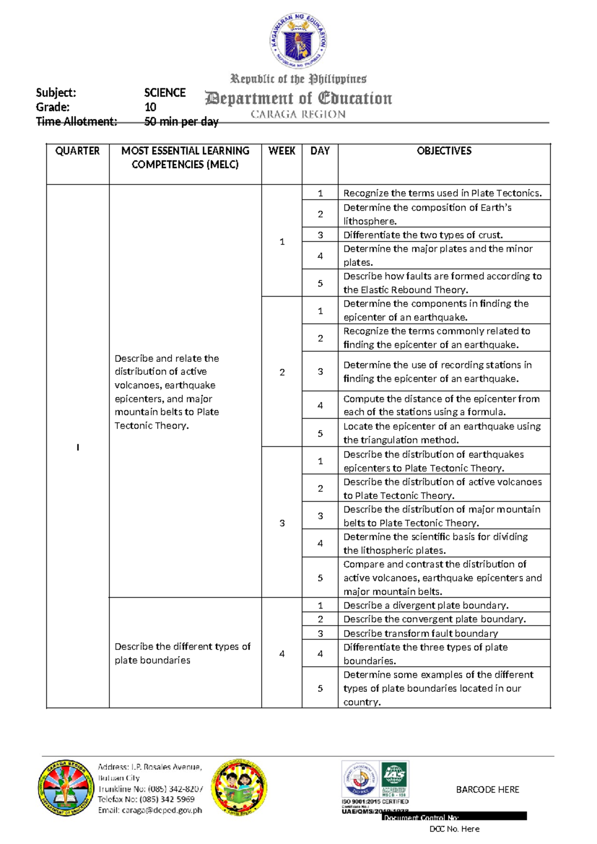 BOW Science 10 only - DCC No. Here Document Control No: BARCODE HERE ...