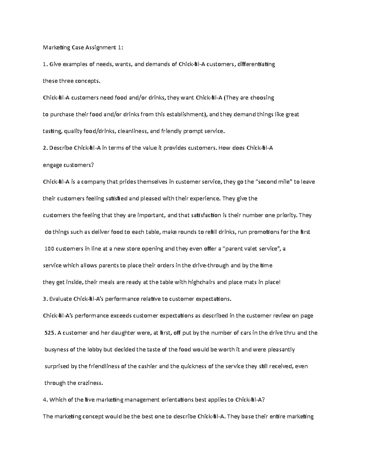 Case Assignment 1 - Chick Fil A - Marketing Case Assignment 1: Give examples of needs, wants ...