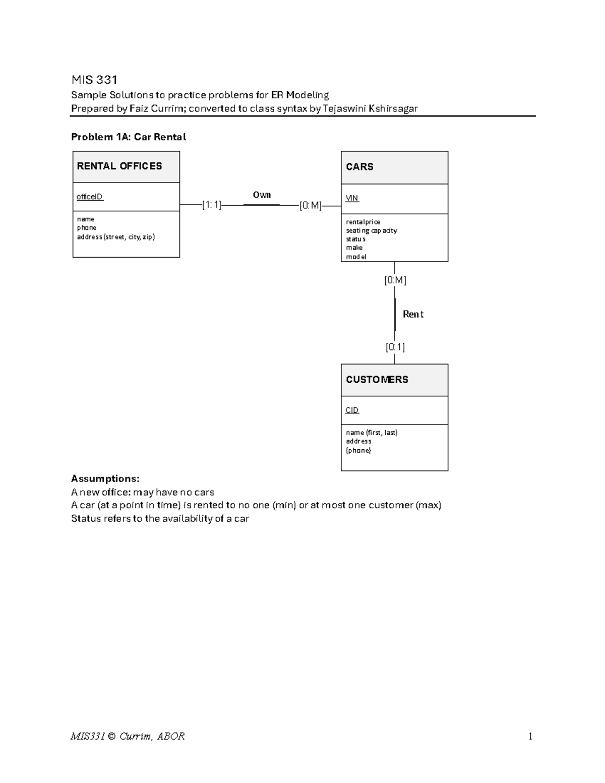 Er practice sample solutions - MIS 331 Sample Solutions to practice ...