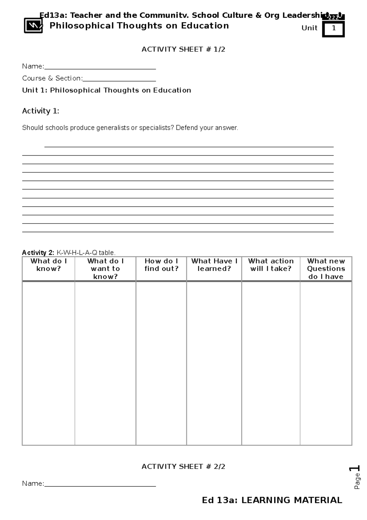 Unit 1 Activity Sheets - Reporting - Ed13a: Teacher and the Community, School Culture & Org ...