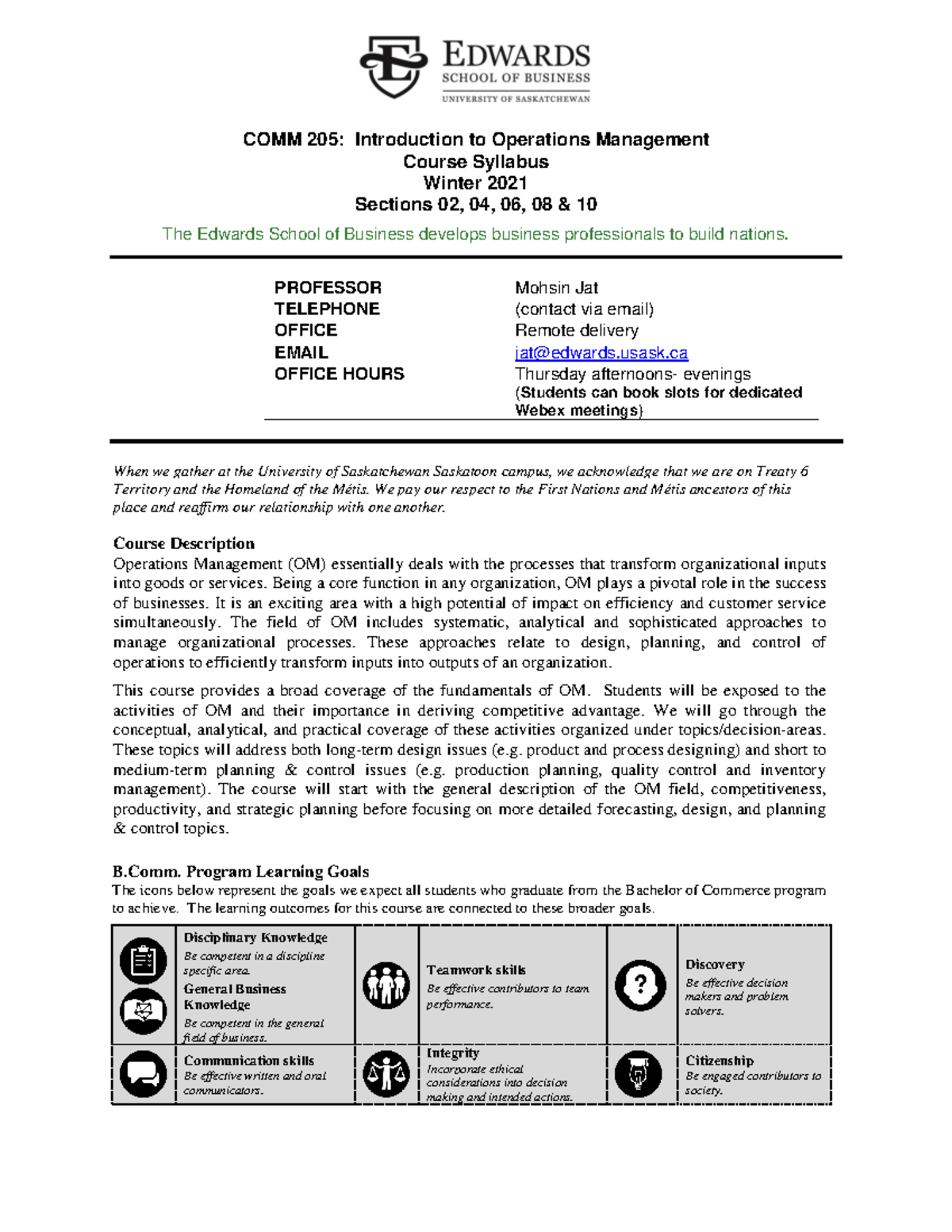 COMM 205 [Winter 2021] Syllabus - COMM 205: Introduction to Operations Management Course ...