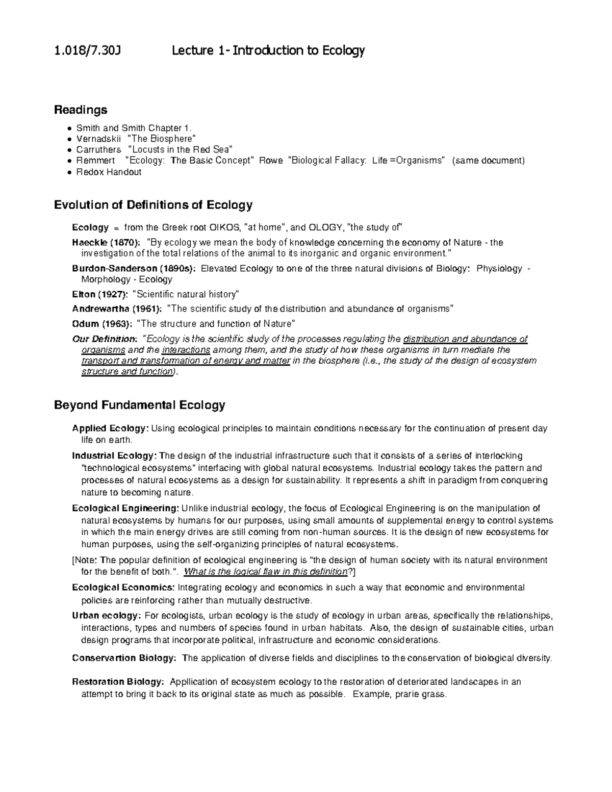 Introduction TO Ecology - 1.018/7 Lecture 1- Introduction to Ecology ...
