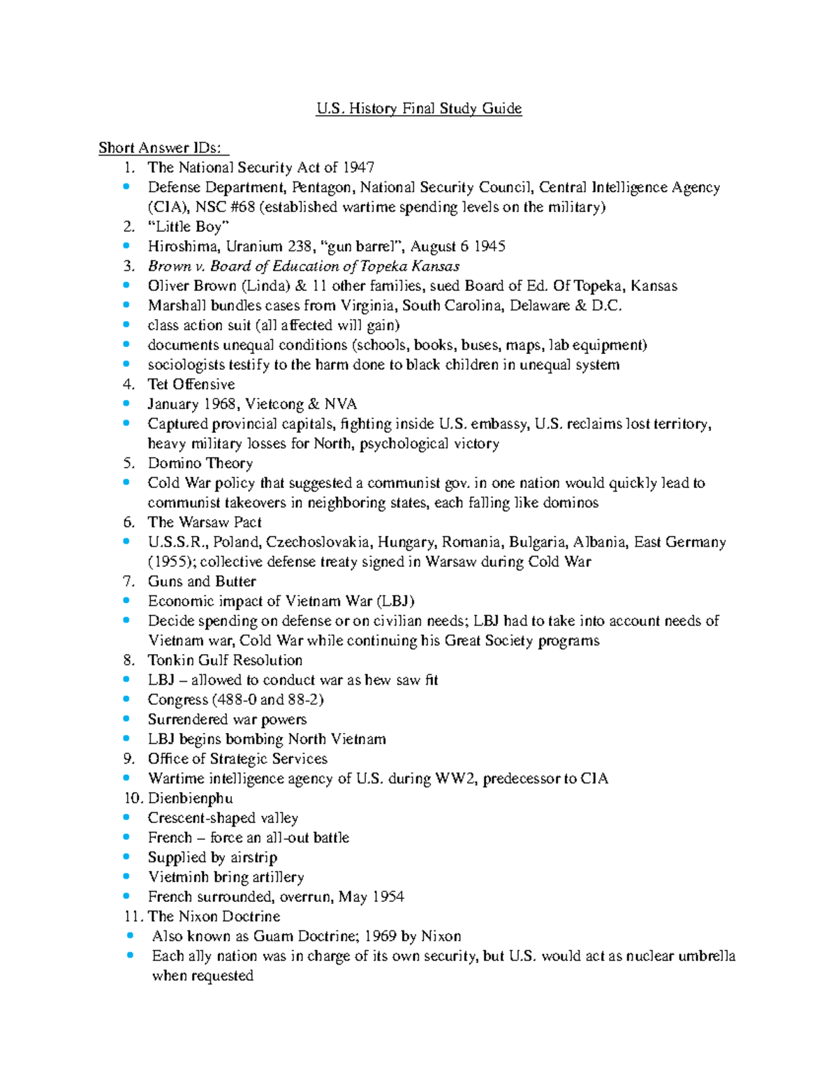 US History Final Studyguide - U. History Final Study Guide Short Answer ...