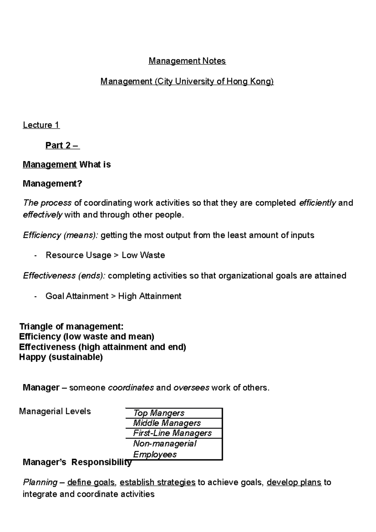 Management notes for lecture CB2300 - Management Notes Management (City ...