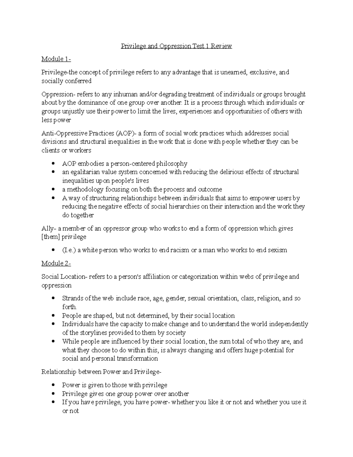 Privilege and Oppression Test 1 Review - Privilege and Oppression Test ...