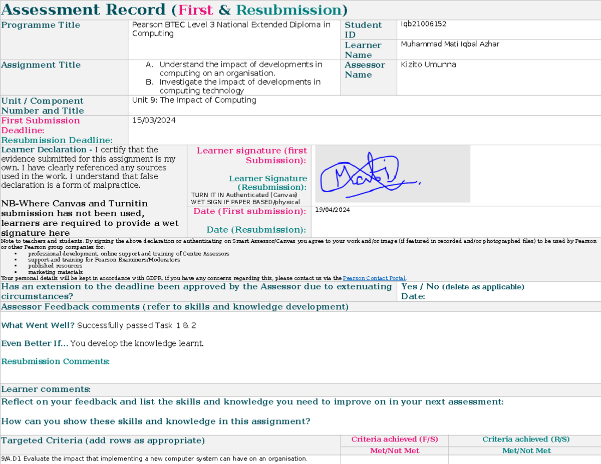 U9 Assessment Article T - Assessment Record (First & Resubmission ...