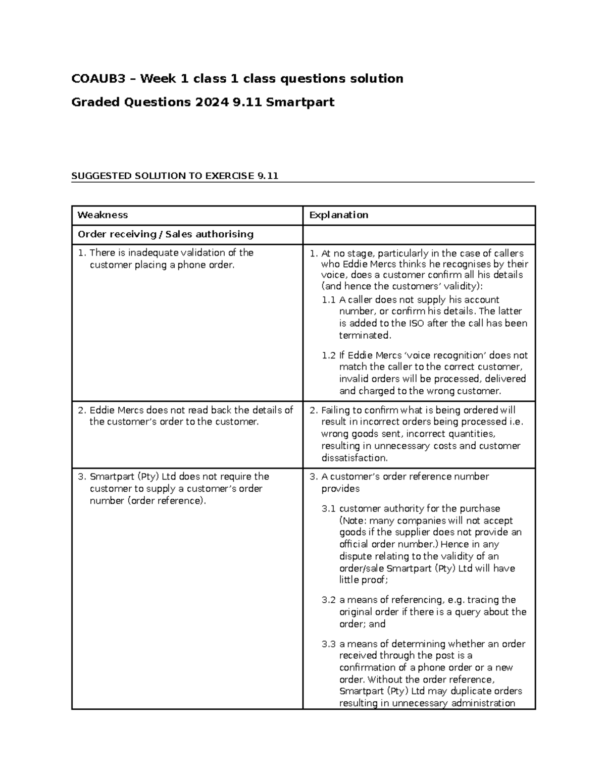 Coaub 3 - Class Questions Solution GQ 9.11 Smartpart - COAUB3 – Week 1 class 1 class questions ...