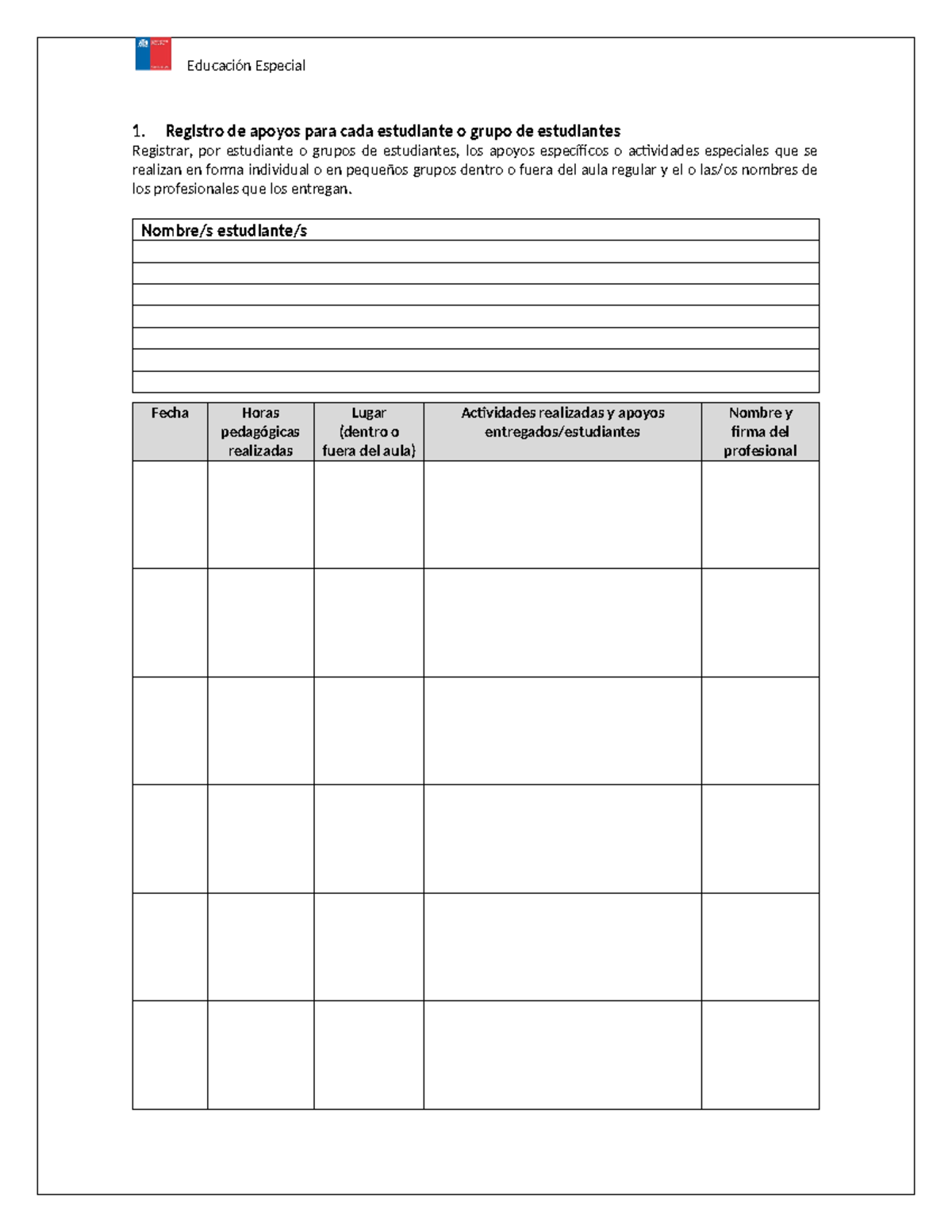 Hoja de registro aula PIE - Educación Especial 1. Registro de apoyos ...