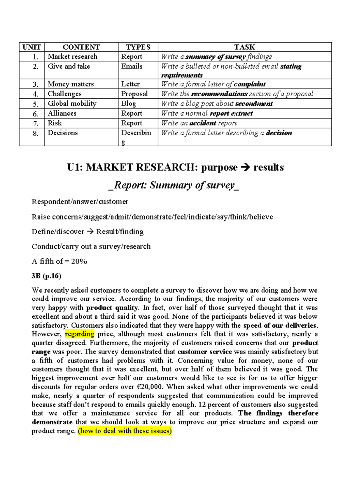 Writing task one - UNIT CONTENT TYPES TASK 1. Market research Report Write a summary of survey ...