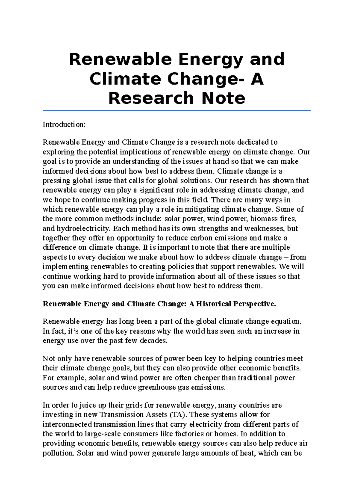 Renewable Energy and Climate Change- A Research Note - Renewable Energy ...