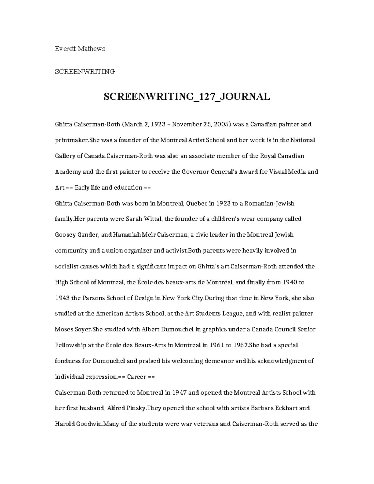 Screenwriting 127 Journal - Everett Mathews SCREENWRITING SCREENWRITING ...