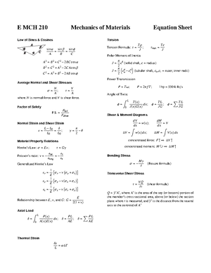 Equation Sheet - E MCH 210 Mechanics of Materials Equation Sheet Law of Sines & Cosines sin α A ...