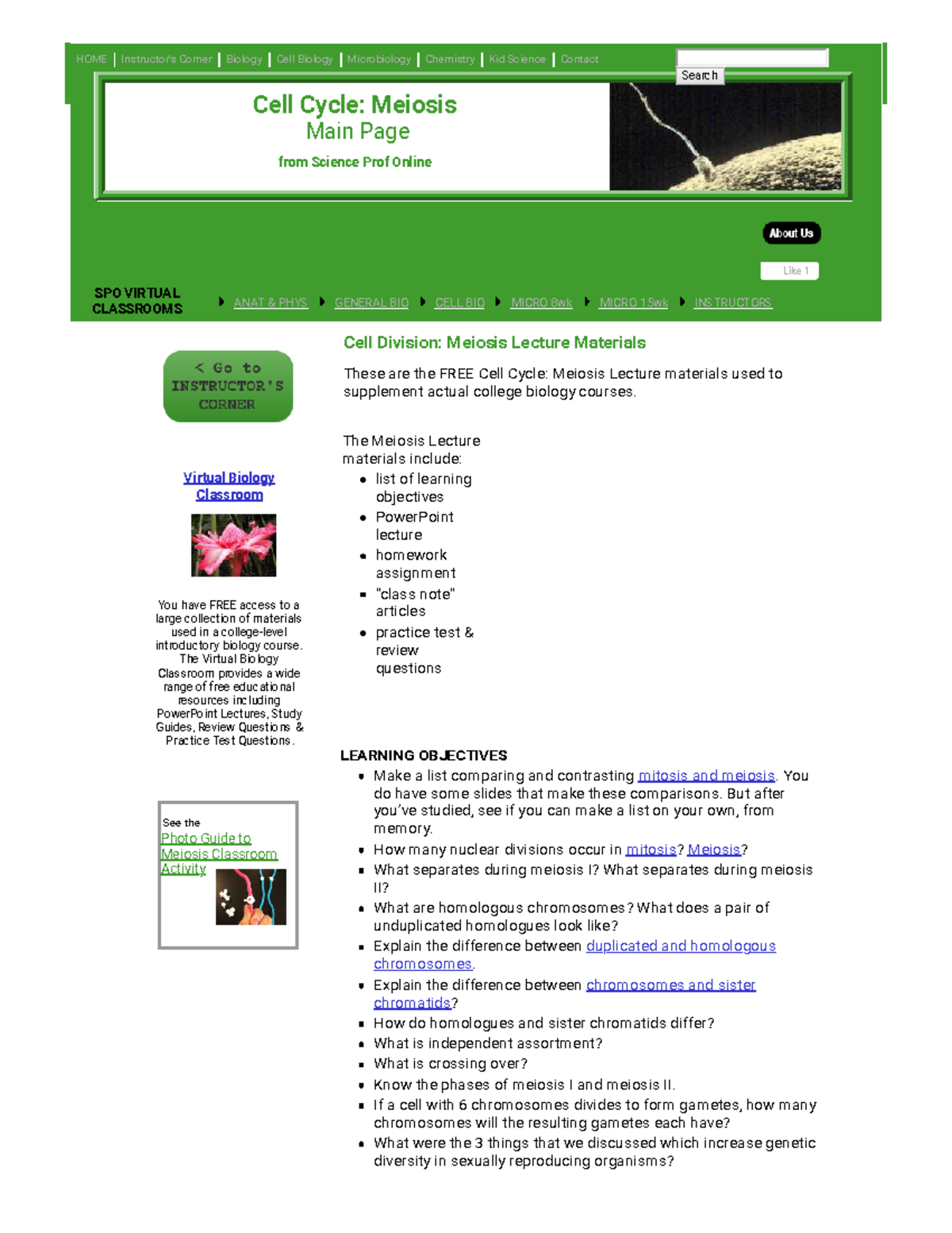 Cell Cycle Meiosis Biology Lecture Materials from the Virtual Cell ...