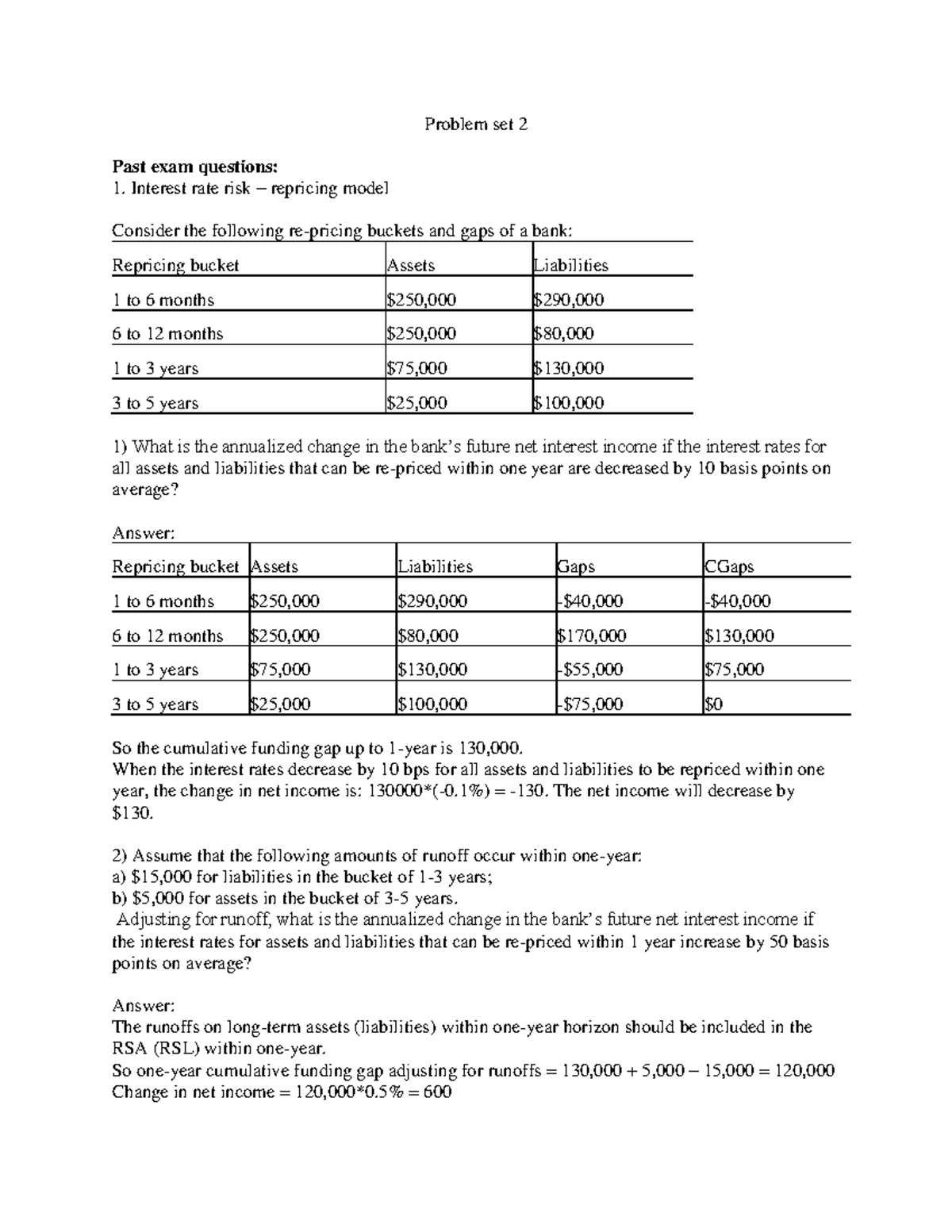 Problem set 2 - Interest Rate Risk I - with answers - Problem set 2 Past exam questions ...