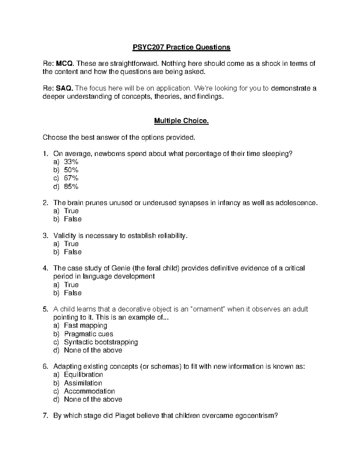 PSYC207 - Sample Questions for Midterm (with all answers) - PSYC 207 Practice Questions Re: MCQ ...