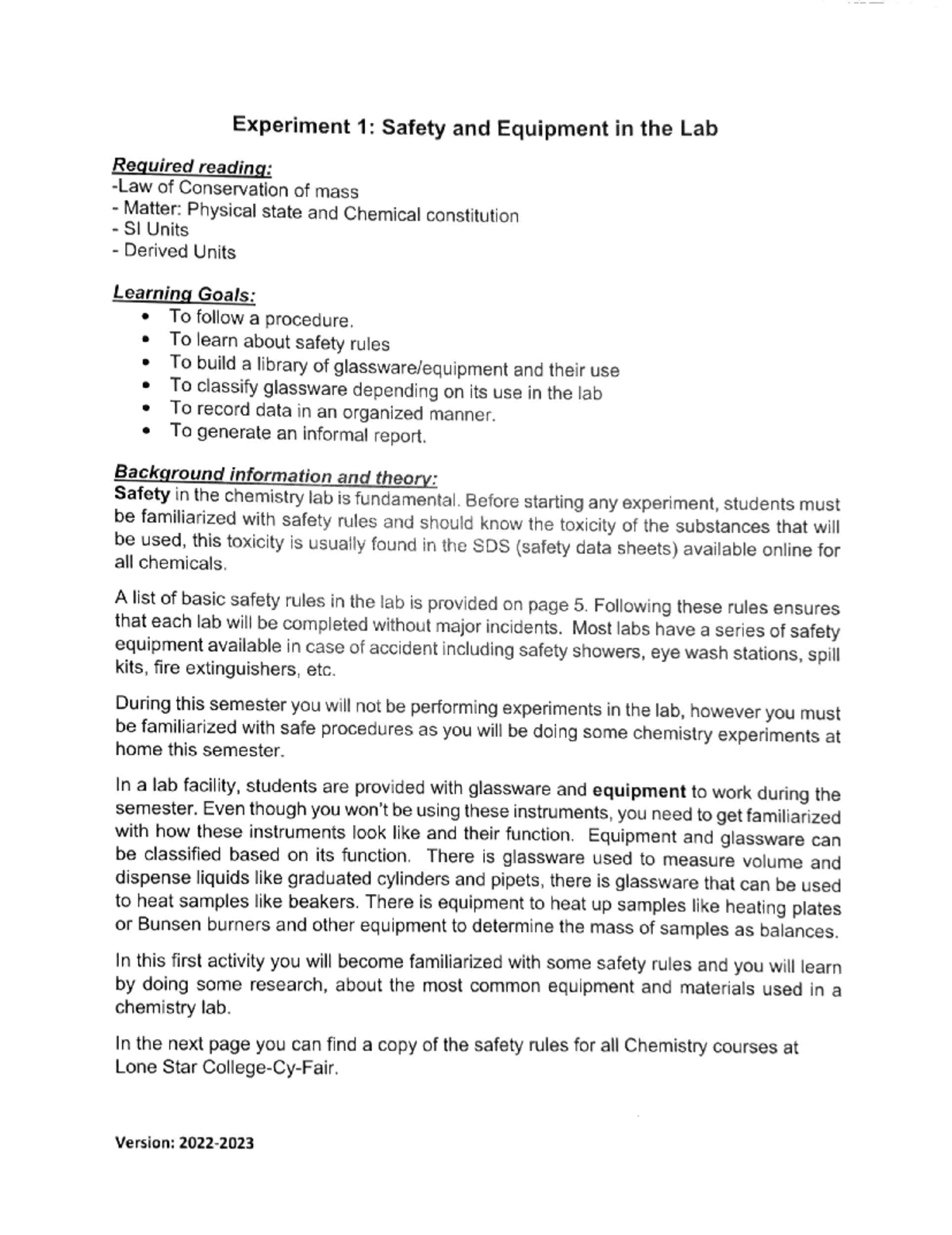 Report 1- Safety and Equipment - Experiment 1: Safety and Equipment in ...