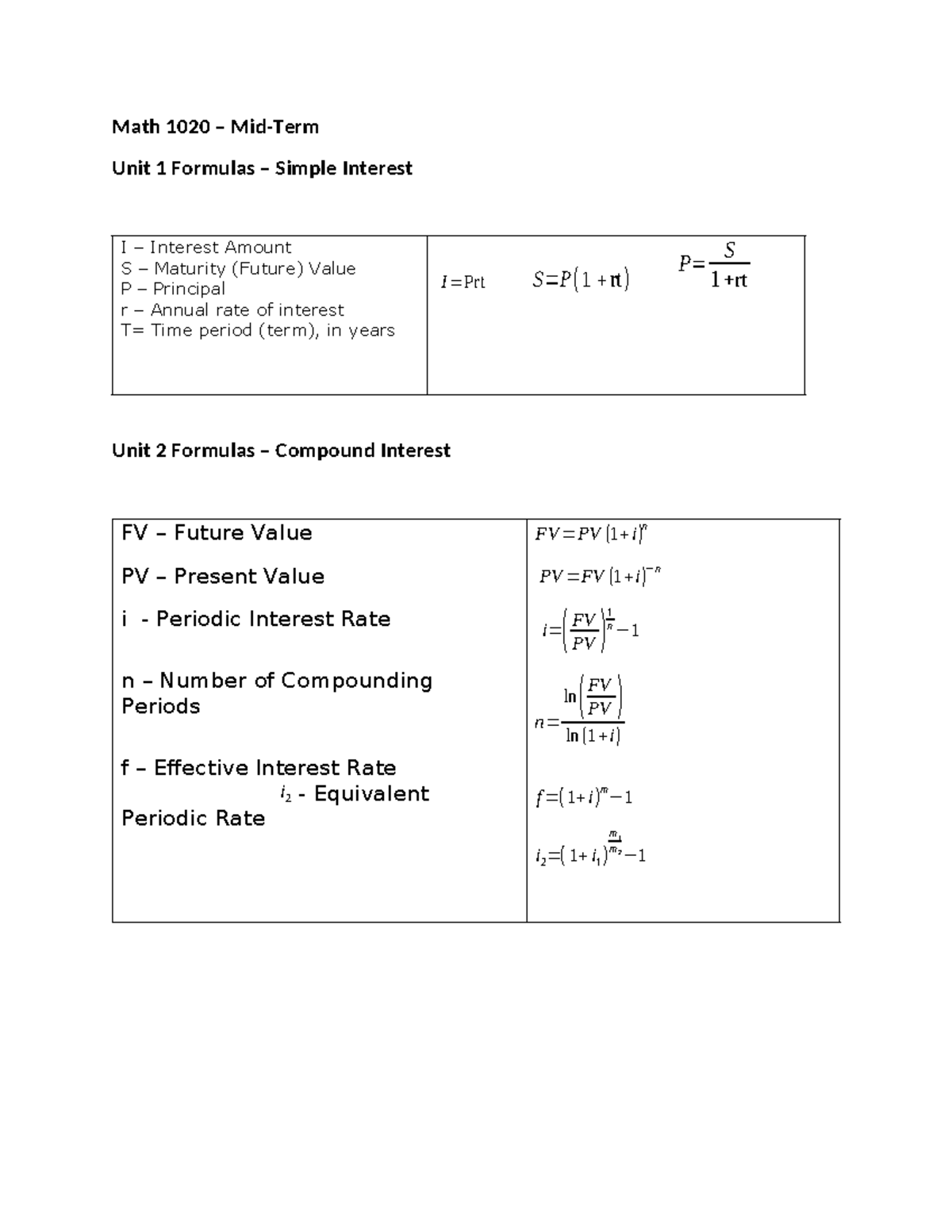 Math 1020 Mid-Term Formulas - Math 1020 – Mid-Term Unit 1 Formulas ...