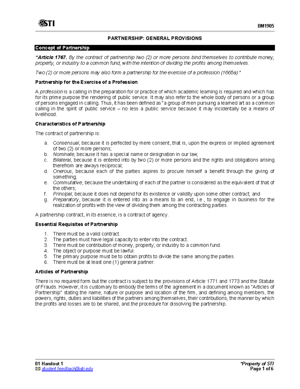 01 Handout 1 Buslaw 01 Handout 1 Property Of Sti Partnership General Provisions Concept Of