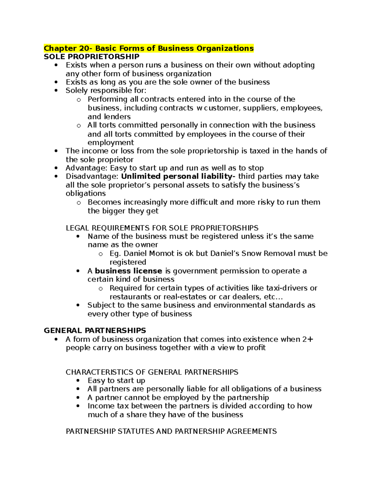LAW 603 class 3 notes - Chapter 20- Basic Forms of Business ...