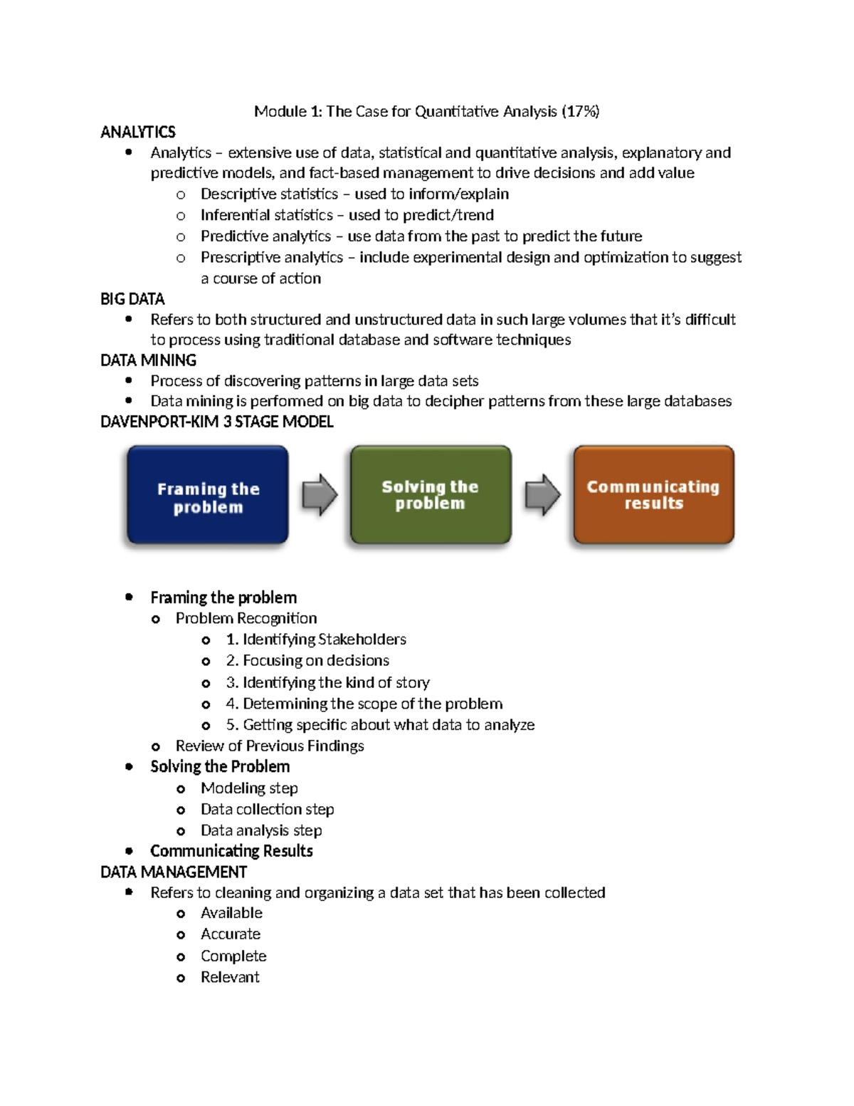 Module 1 - notes - Module 1: The Case for Quantitative Analysis (17% ...