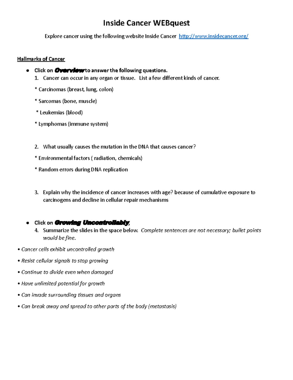 Inside Cancer Webquest - Inside Cancer WEBquest Explore cancer using ...