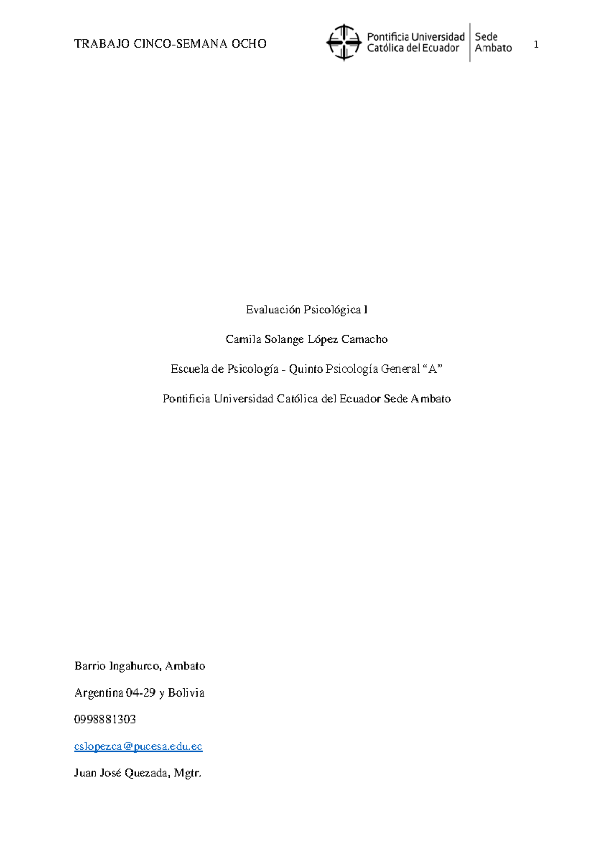 Historia Clinica - Evaluación Psicológica I Camila Solange López ...