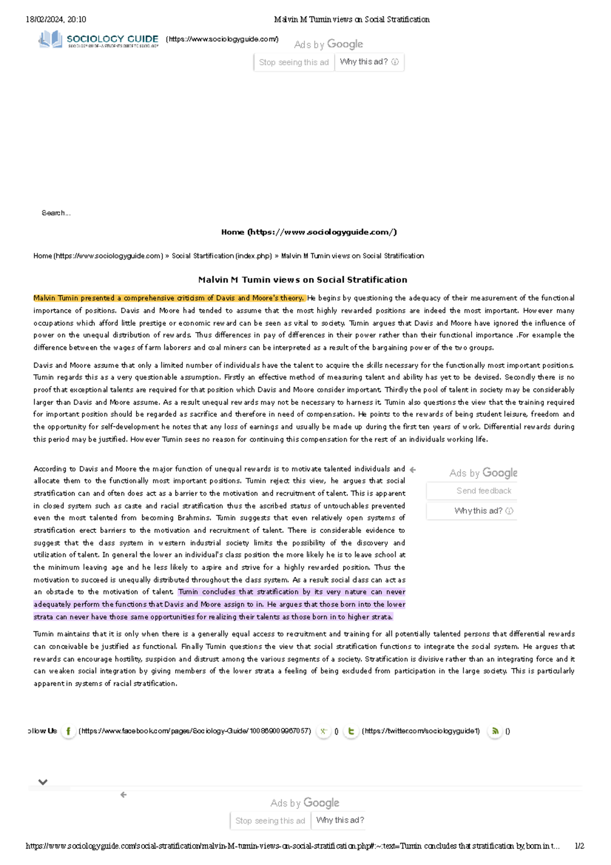 Malvin M Tumin views on Social Stratification - 18/02/2024, 20:10 ...
