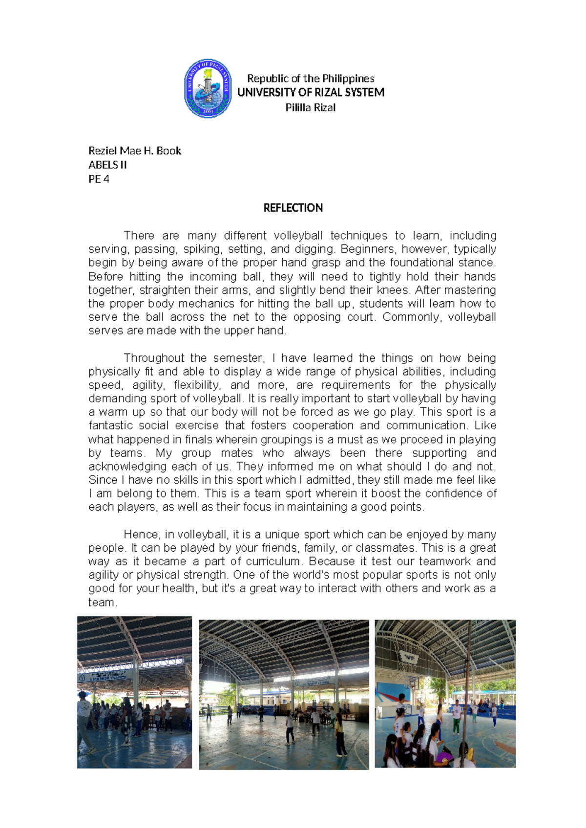 Volleyball Reflection - Republic of the Philippines UNIVERSITY OF RIZAL ...