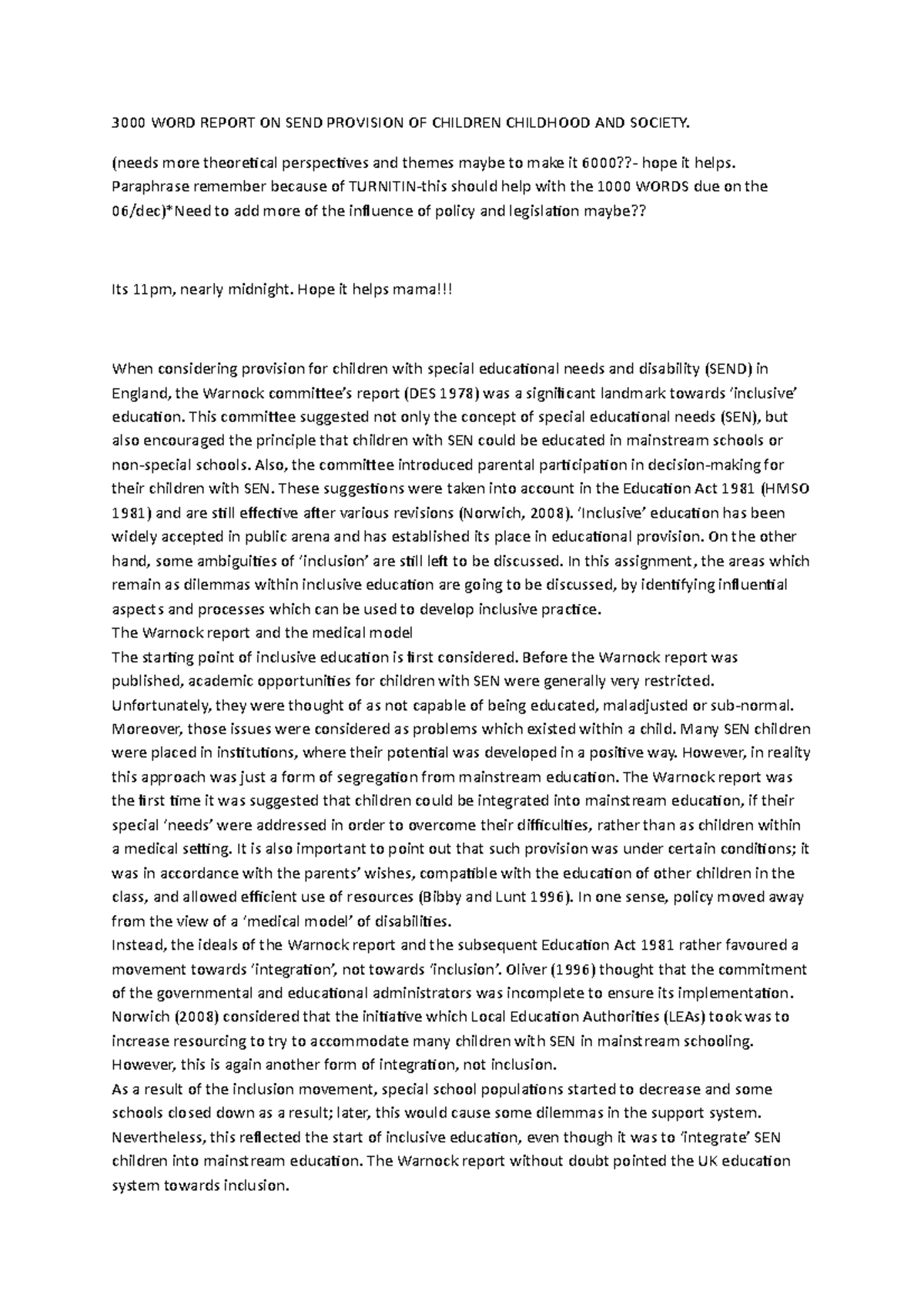 3000 WORD Report ON SEND Provision OF Children Childhood AND Society ...