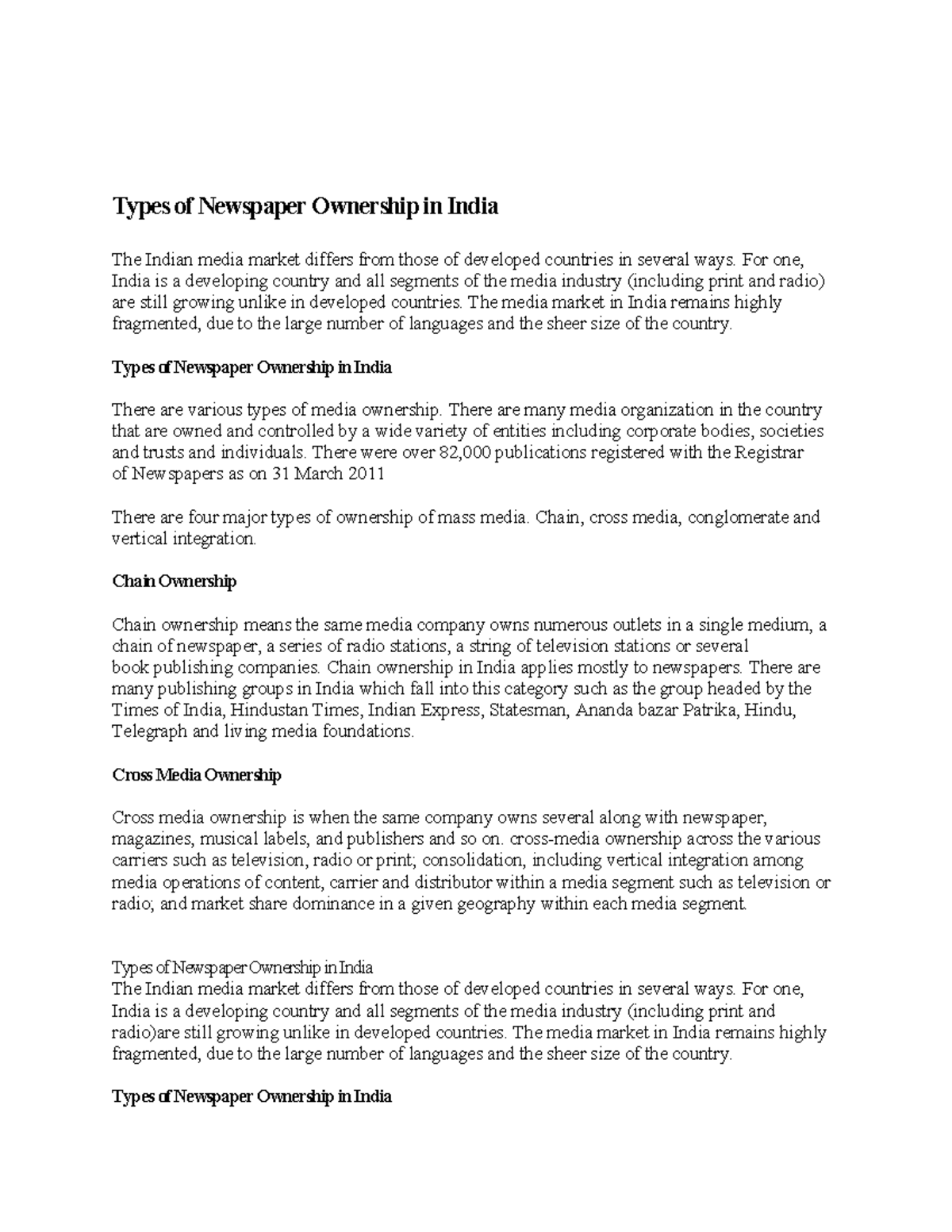 Media ownerships note - Types of Newspaper Ownership in India The ...