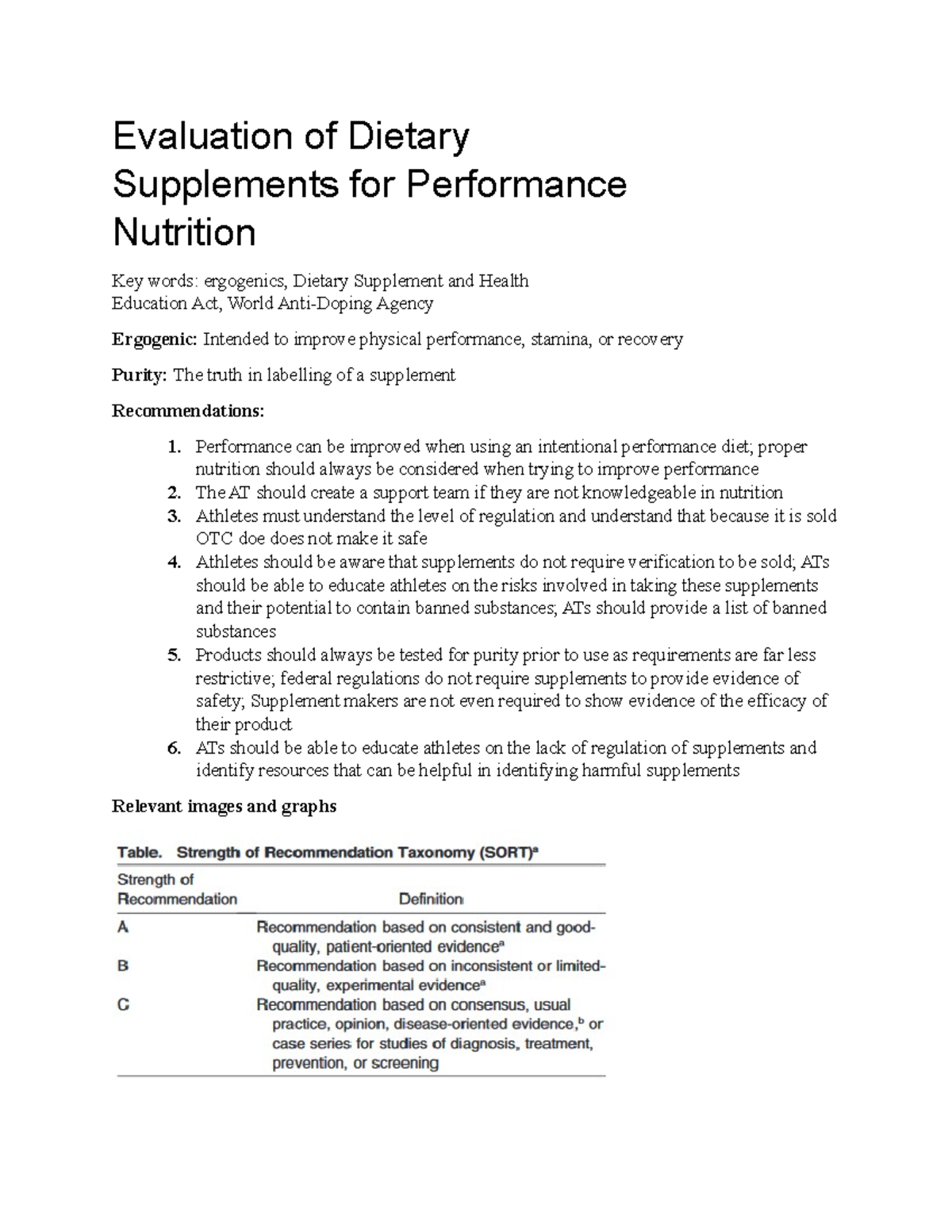 Evaluation of Dietary Supplements for Performance Nutrition ...