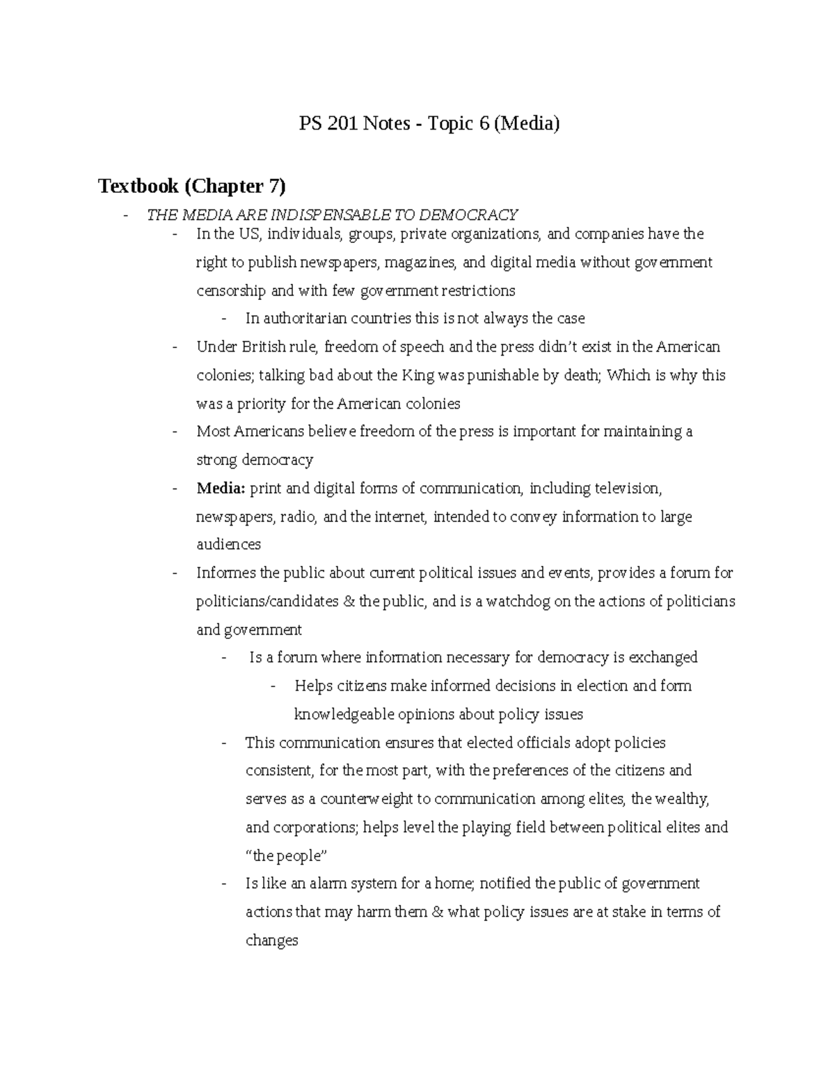 PS 201 Topic 6 Notes (Media) - PS 201 Notes - Topic 6 (Media) Textbook ...